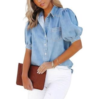 Generic Chemise en jean &agrave; manches courtes pour femme, style d&eacute;contract&eacute;, d&eacute;lav&eacute;, manches bouffantes et boutonn&eacute;es, chemisier en jean 2026, nouveau travail daf