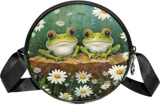 Generic Petit sac &agrave; bandouli&egrave;re rond pour femme, motif grenouilles et marguerites avec fermeture &eacute;clair et bretelles r&eacute;glables