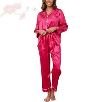 Generic Pyjama 2 pièces en soie pour femme, vêtement de nuit doux boutonné, ensemble de pyjama en satin pour femme, rose rouge, XXL
