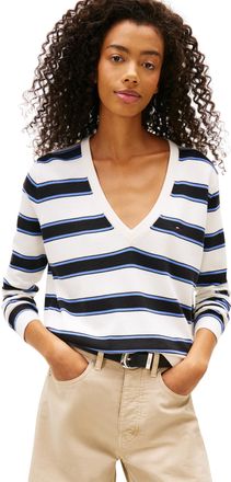 Tommy Jeans Damen Tjw Essential Vneck Sweater EXT Dw0Dw19888 Pullover, Black (Black/Multi Stripe), XL