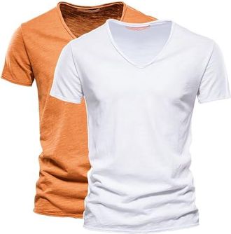 Generic Lot de 2 t-shirts d&eacute;t&eacute; &agrave; col en V pour homme - En coton - L&eacute;g&egrave;rement ajust&eacute; - Manches courtes - Couleur unie - D&eacute;contract&eacute; - Doux et confortable - T-s