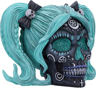 Nemesis Now Drop Dead Wunderschöne süße und kosmische Figur, 19,5 cm, Harz, Hexenpuppe, Totenkopf Ornament, weiblicher türkisfarbener und schwarzer Totenkopf mit 