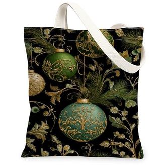 Generic Sacs fourre-tout en toile ornementaux de No&euml;l, sacs &agrave; provisions r&eacute;utilisables, vintage l&eacute;gers et lavables en toile Fo, vert, 13x15 Inch