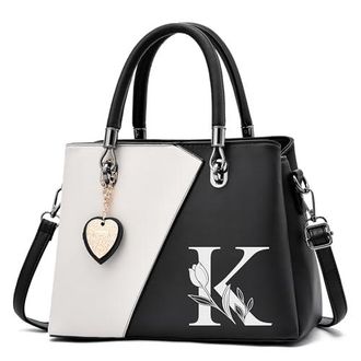 I Ihayner Sac &agrave; main en cuir pour femme avec poign&eacute;e sur le dessus et initiales personnalis&eacute;es, sac &agrave; bandouli&egrave;re de couleur contrast&eacute;e pour femme, Black-k, M