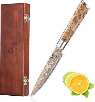 Zayiko MysticMagma Allzweckmesser I 14 cm Klinge aus 67 Lagen Damaststahl mit Kupfer- und Bronze-Einlage I DualCurve Griff aus Ahornwurzelholz I in edler Hol