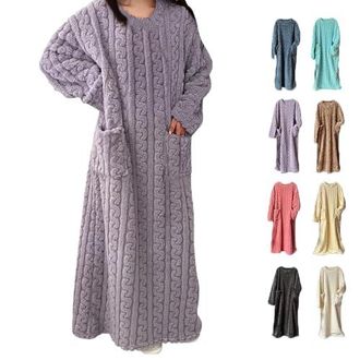 Generic Robe de nuit dhiver en velours, robe de nuit en flanelle avec coupe décontractée, col rond, pyjama doux et chaud, violet, L