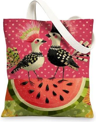 Generic Sac fourre-tout en toile motif animal coloré, sacs à provisions réutilisables, bandoulière lavable légère et rétro C, pêche, 13x15 Inch