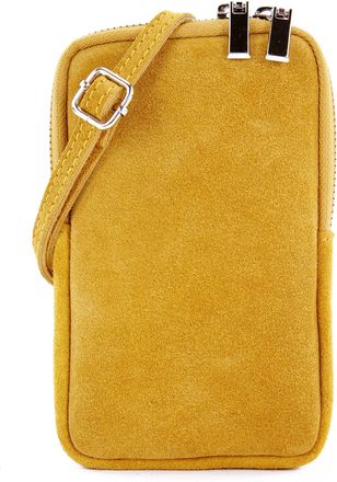 modamoda.de T197 Damen Leder Handytasche 6,7 Zoll Umh&auml;ngetasche handmade in Italy, Farbe:Senfgelb/Wildleder