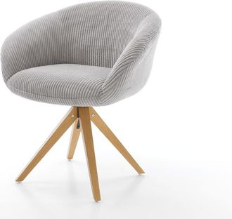 DELIFE Drehstuhl Vinka-Flex mit Armlehnen Cord Silbergrau Holzgestell kantig Natur 180&deg; drehbar Taschenfederkern, Esszimmerst&uuml;hle