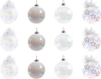 Kaemingk 12 Weihnachtskugeln 8cm Glas (irisierend - iris - wei&szlig; - Federn) Set Christbaumkugeln Baumkugeln Baumschmuck Weihnachtsdeko Christbaumschmuck Kugeln D