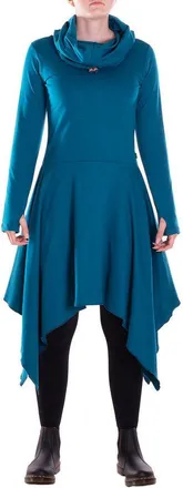 vishes Zipfelkleid Damen Wadenlanges Kleid Baumwolle asymmetrisch Schalkragen mit Taschen Alternative Bekleidung, Ethno, Hippie, Retro Style