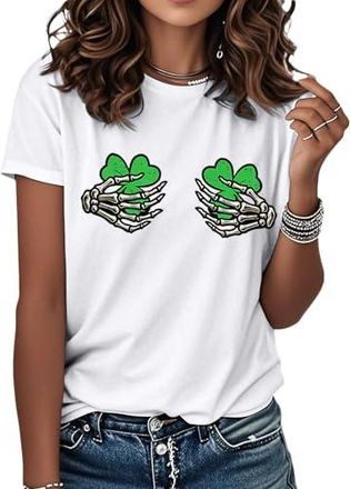 Generic T-shirts pour la Saint-Patrick pour femmes - Tr&egrave;fle squelette - T-shirts d&eacute;contract&eacute;s &agrave; col rond pour l&eacute;t&eacute; - pour les voyages, blanc, XXL