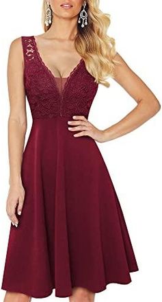 Homeyee Robe de Soirée Vintage pour Femme sans Manches en Dentelle Rockabilly Swing Robe de Cocktail A288 (XL, Rouge foncé)