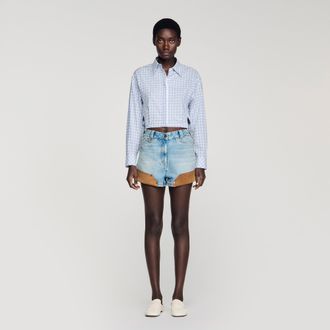 Sandro Short en denim et suede &agrave; rivets