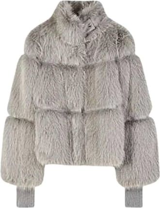 Patrizia Pepe Femme, Vestes, Gris, Taille: 38 FR Veste Courte Duveteuse &agrave; Col Haut