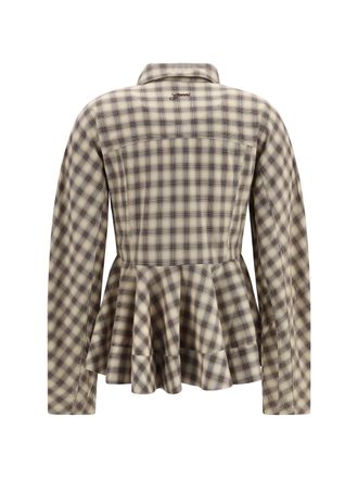 Ganni Check Flannel Peplum Shirt - Gray