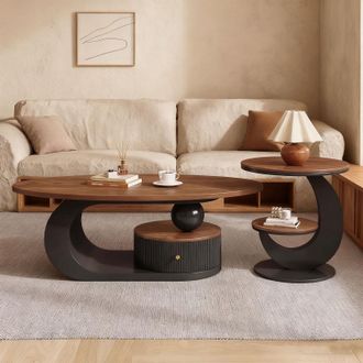 Generic 2-Teilig Moderner Couchtisch aus Holz Freistehender Wohnzimmertisch mit Schubladen und Stauraum Ovaler Satztisch Einfache Montage for Wohnung/Haus(Sch