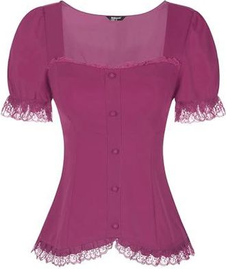 Allegra K Chemise Victorienne pour Femme Col en Coeur Bouffant Manches Courtes à Lacets Chemisier Gothique Mauve XL