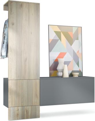 Vladon Garderobe Carlton Set 4, Made in Germany, Wandgarderobe aus Deko-Paneel & Hängeschrank für Schuhe, Anthrazit matt/Eiche Nordic (156,5 x 193 x 35 cm)