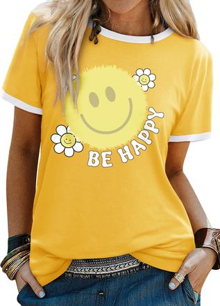 Dresswel Tshirt Damen Be Happy L&auml;chelndes Gesicht Druck T-Shirt Rundhals Kurzarm T Shirts Sommer Oberteile Tee Tops Bluse