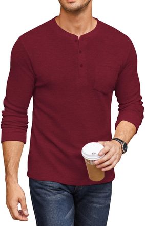 Coofandy Henley Shirt Herren Langarmshirts für Herren Longsleeve T Shirt mit Henley-Kragen für Männer Waffel Shirt Herren mit Tasche Weinrot XL