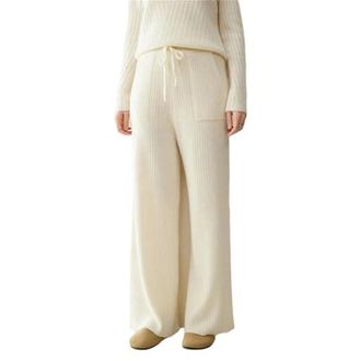 Generic Pantalon droit en cachemire m&eacute;lang&eacute; &agrave; taille &eacute;lastique pour femme - Coupe ample, blanc, S