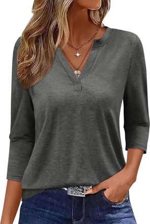 Onsoyours Shirt Damen 3/4 Arm Pullover Herbst Oberteile V-Ausschnitt Tshirt Sommer Tops Basic Shirt A Dunkelgrau XXL