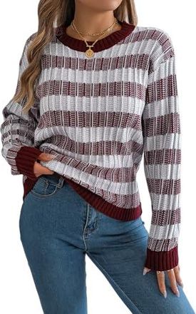Generic Pull ray&eacute; &agrave; rayures pour femme avec bordure c&ocirc;tel&eacute;e confortable, col rond, coupe ample d&eacute;contract&eacute;e, bordeaux, XL