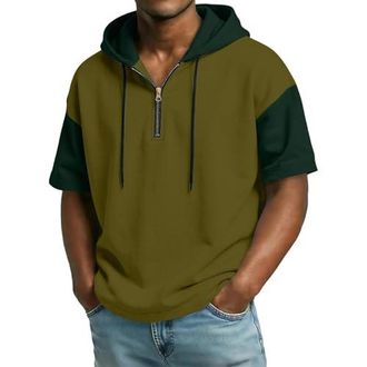 Generic DENGJIAMY Sweat &agrave; capuche classique &agrave; manches courtes pour homme, grande taille, motif patchwork, fermeture &eacute;clair 1/4, vert militaire, XXL