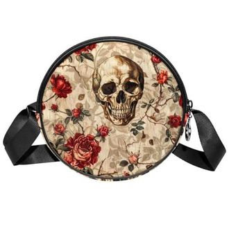 Generic Petit sac &agrave; bandouli&egrave;re rond pour femme, motif t&ecirc;te de mort, avec fermeture &eacute;clair, bretelles r&eacute;glables, style d&eacute;contract&eacute;, pour femmes et filles
