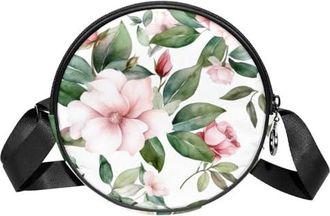 Generic Petit sac &agrave; bandouli&egrave;re circulaire pour femme, motif feuilles florales, sac &agrave; dos avec fermeture &eacute;clair, bretelles r&eacute;glables, sac &agrave; main rond d&eacute;contra