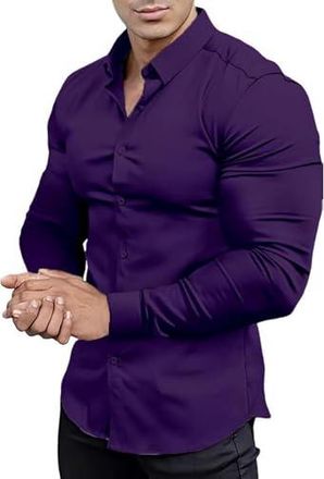 Generic Chemise &agrave; manches longues pour homme - &Eacute;l&eacute;gante chemise de loisirs - Coupe ajust&eacute;e - Col montant - Chemise traditionnelle - Stretch - Chemise &agrave; manche