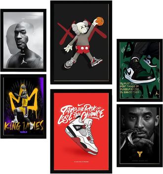 Nacnic 6er-Set Ikonischer Basketball-K&ouml;nig James Jordan Nike Poster mit Designillustrationen zur Dekoration der W&auml;nde Ihres Zuhauses. R&auml;ume, B&uuml;ro, Laden und 