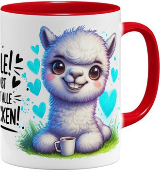 OM3 Lustige Alpaka Kaffee-Tasse mit Spruch - L&auml;chle! Du kannst sie nicht alle anspucken! - Statement - Keramik Becher - 325ml - Rundumdruck - Rot