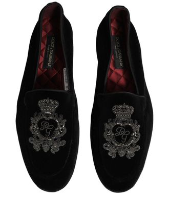 Dolce & Gabbana Mens Black Velvet Crown Embroidery Loafers Shoes Leather