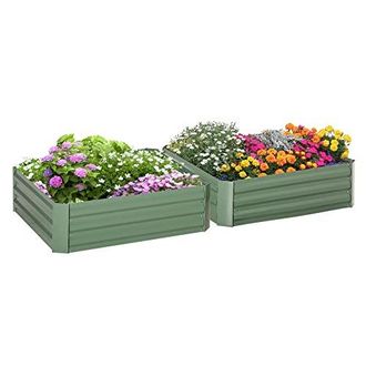 OUTSUNNY Hochbeet Set, 2-TLG. Gartenbeet, Pflanzkasten, Blumenkasten, Pflanzk&uuml;bel, Blumenk&uuml;bel f&uuml;r Garten, Terrasse, Verzinkter Stahl, Gr&uuml;n, 100 x 100 x 30 cm