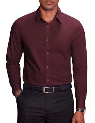 Coofandy Chemise Homme Manches Longues Extensible Facile &agrave; Repasser Chemise Business Coupe Regular Fit Chemise D&eacute;contract&eacute;e pour Homme Bordeaux XL