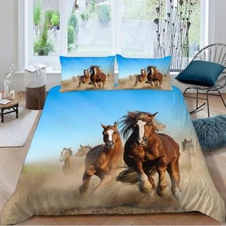 Generic Housse de Couette 160x200 Cheval Parure de Lit Animaux Ultra Doux Respirante Microfibre Literie Set 1 Personne avec Fermeture &Eacute;clair avec 2 Taies dore
