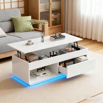 Generic Hochglanz-Lift-Top-Couchtisch mit LED-Beleuchtung - 100x50x55 cm, Mit Schublade & 50 kg Tragkraft - Funktional & Modern