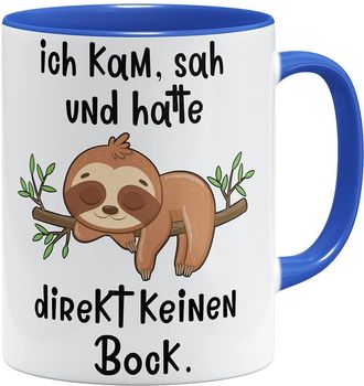 OM3 Ich kam, sah und hatte direkt keinen Bock - lustige Faultier Tasse mit Spruch - Keramik Becher - 11oz 325ml - Beidseitig Bedruckt - Blau