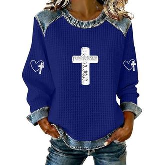 Generic Sweats chr&eacute;tiens pour femmes surdimensionn&eacute;s en tricot gaufr&eacute; denim patchwork sweatshirt religieux foi croix chemises graphiques vintage col rond cout