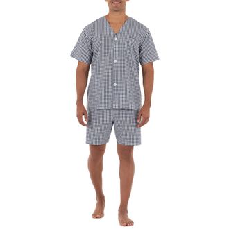 Fruit Of The Loom Herren Broadcloth Pyjama-Set mit Kurzen &Auml;rmeln Pyjamaset, Marineblau/Wei&szlig; kariert, Medium