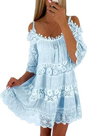 TOMWELL Vintage Robe Femmes Dentelle Robes DÉté Courtes Col en V Casual Vacances Plage Lâche Mini Robe A Bleu 3XL