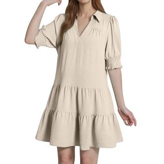 Generic Robe d&eacute;contract&eacute;e pour femme avec col &agrave; revers et manches mi-longues pliss&eacute;es et col en V pour femme, robe d&eacute;t&eacute; 2026, robe ample, robe ample pour femm