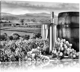 Pixxprint Weinreben mit Weinflasche und Fass, Gr&ouml;&szlig;e: 60x40cm, Leinwandbild, fertig gespannt, Wandbild, Dekoration, Kunstdruck, kein Poster