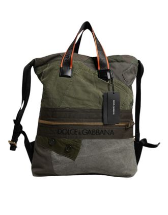 Dolce & Gabbana Mens Patchwork Rucksack Backpack Green Cotton Calf Leather