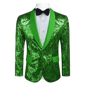 Generic Blazer &agrave; paillettes pour homme - Motif floral dor&eacute; brillant - Pour discoth&egrave;que, discoth&egrave;que, soir&eacute;e - Manteau de sport, Vert, XXL