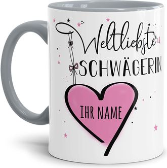 Tassendruck Keramik Tasse - Weltliebste Schwägerin - zum selbst gestalten mit Name - Geschenk für die beste Schwägerin - Innen & Henkel Grau, 300 ml