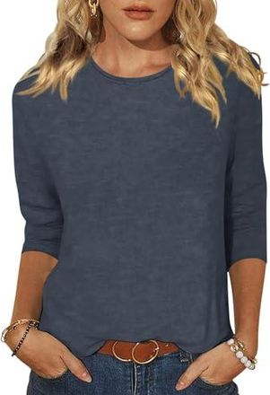 Minetom T-Shirt à Manches 3/4 pour Femme Tee Shirt Col Rond Coupe Classique Ample Léger Pull Femme Chic et Elegant Printemps été Automne Basic Top A Bleu Mari