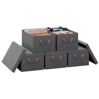 Woltu Boîte de Rangement Pliable, Lot de 5 Paniers de Rangement en Tissu Non-Tissé, avec Poignées et Couvercle, pour Vêtements et Jouets, Gris, 48x29x20cm